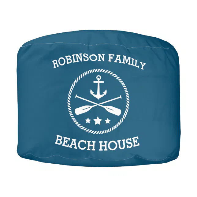 Family Name Beach House Anchor Oars Stars Aqua Pouf | Zazzle