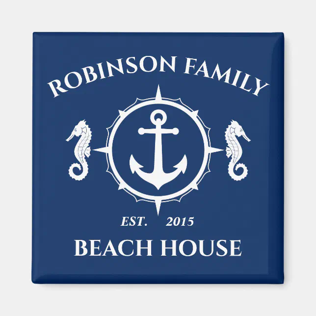 Family Name Beach House Seahorse Anchor Navy Blue Magnet | Zazzle