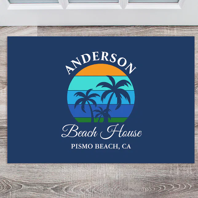 Family Name Beach House Sun Palm Trees Blue Doormat | Zazzle