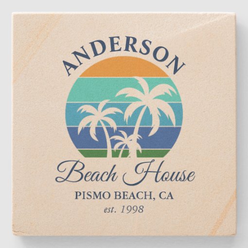 Family Name Beach House Sun Palm Trees Stone Coaster | Zazzle
