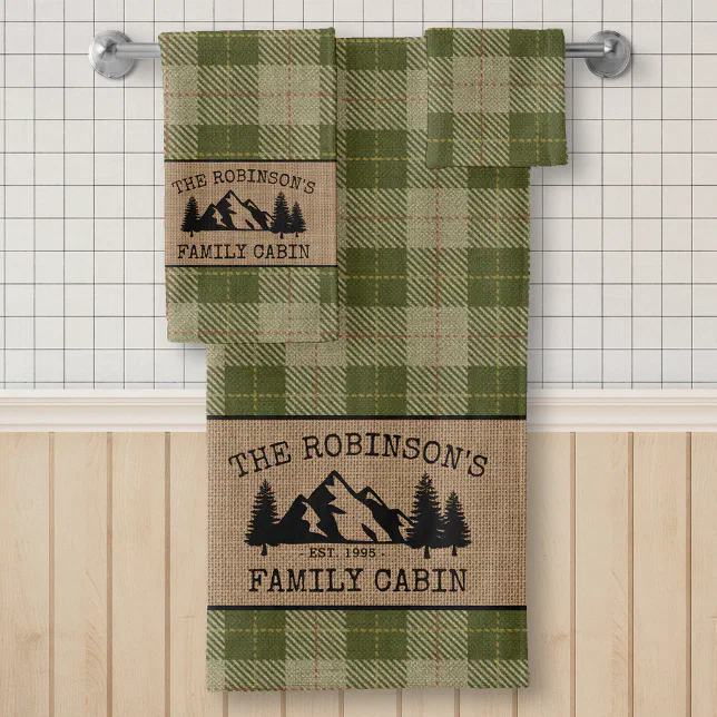 Family Name Cabin Trees Sage Green Plaid Burlap Bath Towel Set | Zazzle