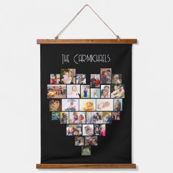 Family Name Heart Shape Photo Collage 58 Pic Black Hanging Tapestry ...