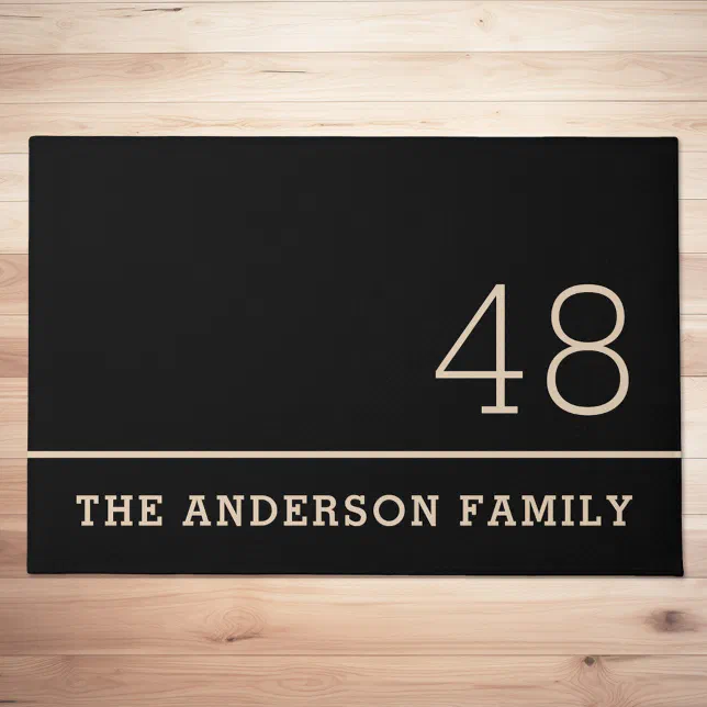 Family name house number black neutral doormat | Zazzle