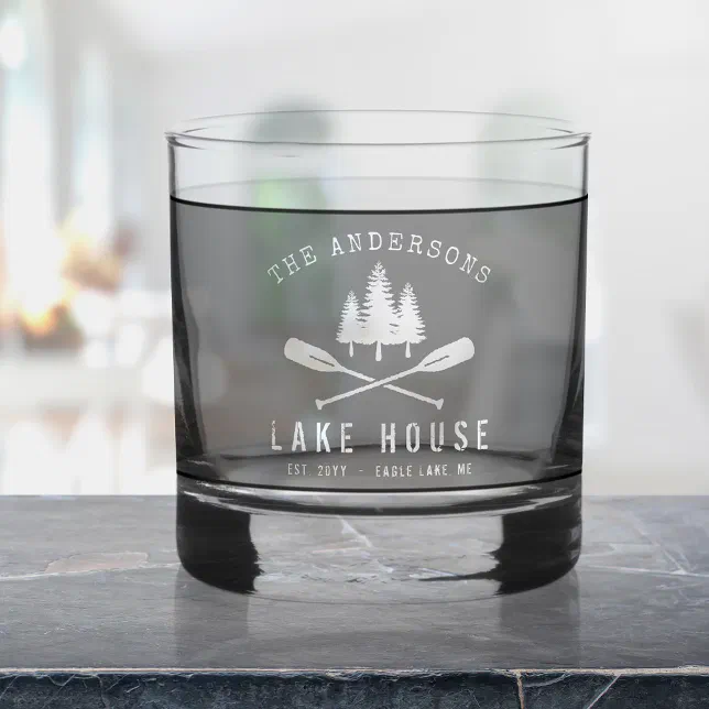 Family Name Lake House Modern Oars Trees Whiskey Glass | Zazzle