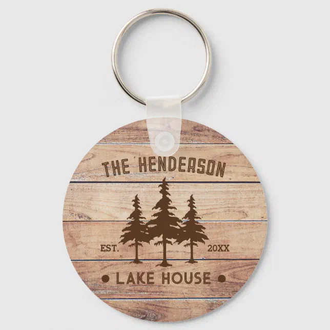 Family Name Lake House Pine Tree wood Personalized Keychain | Zazzle