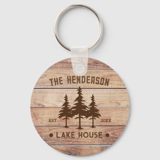 Family Name Lake House Pine Tree wood Personalized Keychain | Zazzle