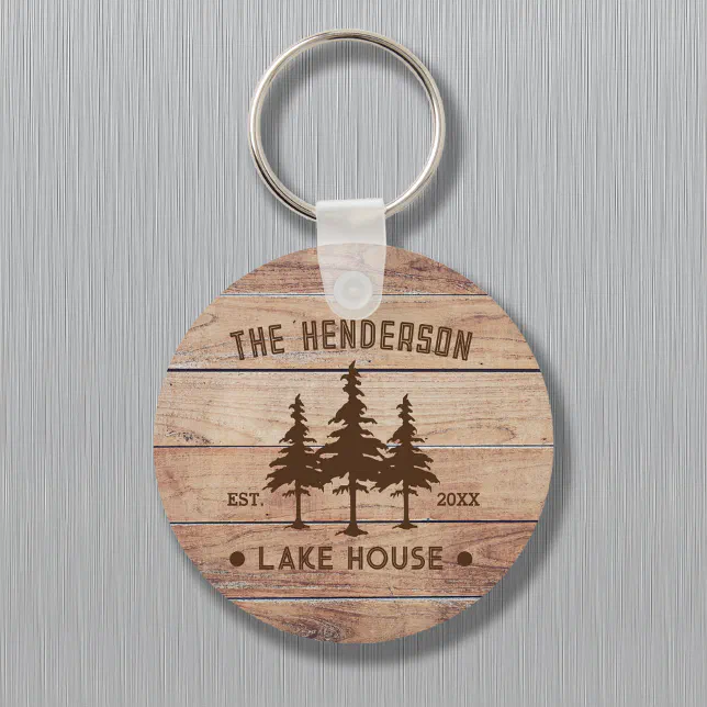 Family Name Lake House Pine Tree wood Personalized Keychain | Zazzle
