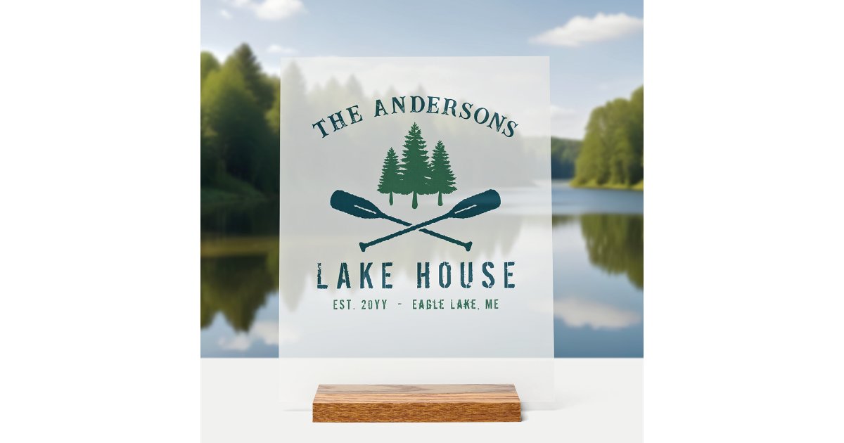 Family Name Lake House Rustic Oars Pine Trees Acrylic Sign | Zazzle
