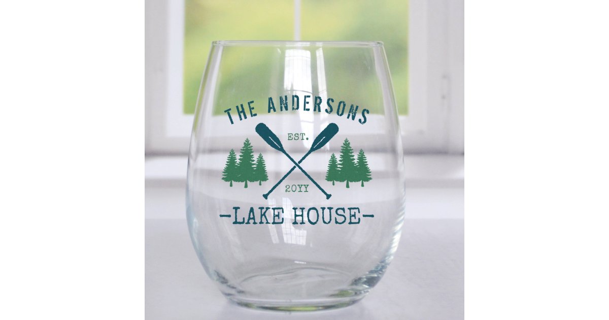Family Name Lake House Rustic Oars Pine Trees Stemless Wine Glass | Zazzle