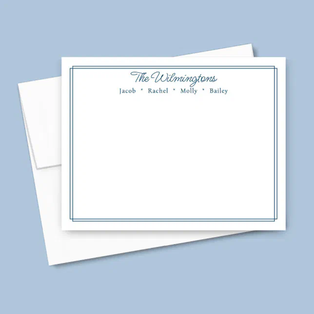 Family Name Navy Blue Border Classic Stationery Note Card | Zazzle