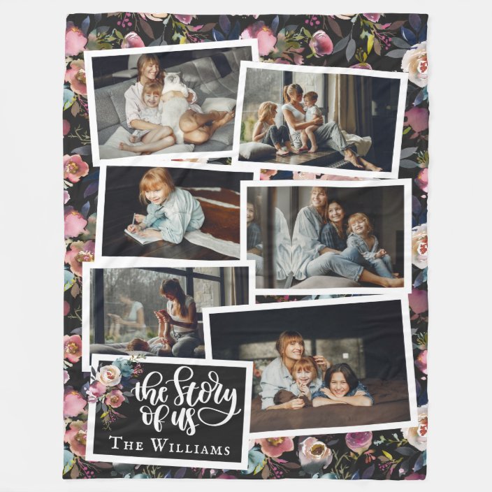 Family Name Photo Collage | Floral on Black Fleece Blanket | Zazzle.com