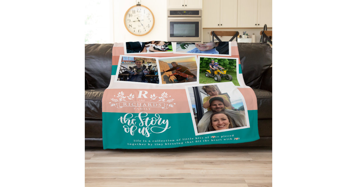 Family Name Photo Collage | Teal & Pink Fleece Blanket | Zazzle