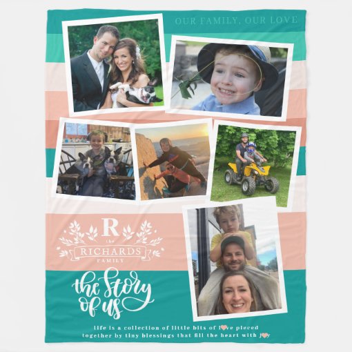 Family Name Photo Collage | Teal & Pink Fleece Blanket | Zazzle