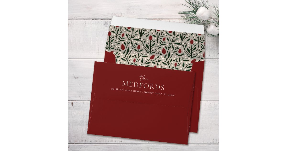 Family Name Pre-Addressed Christmas Floral Pattern Envelope | Zazzle