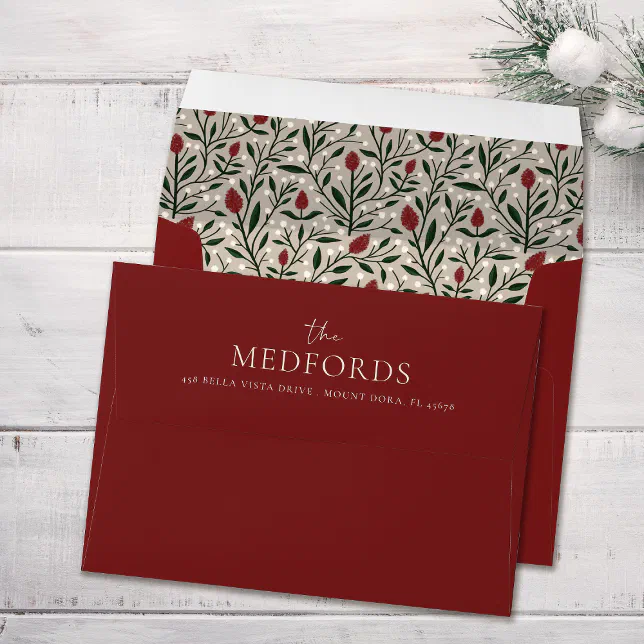 Family Name Pre-Addressed Christmas Floral Pattern Envelope | Zazzle