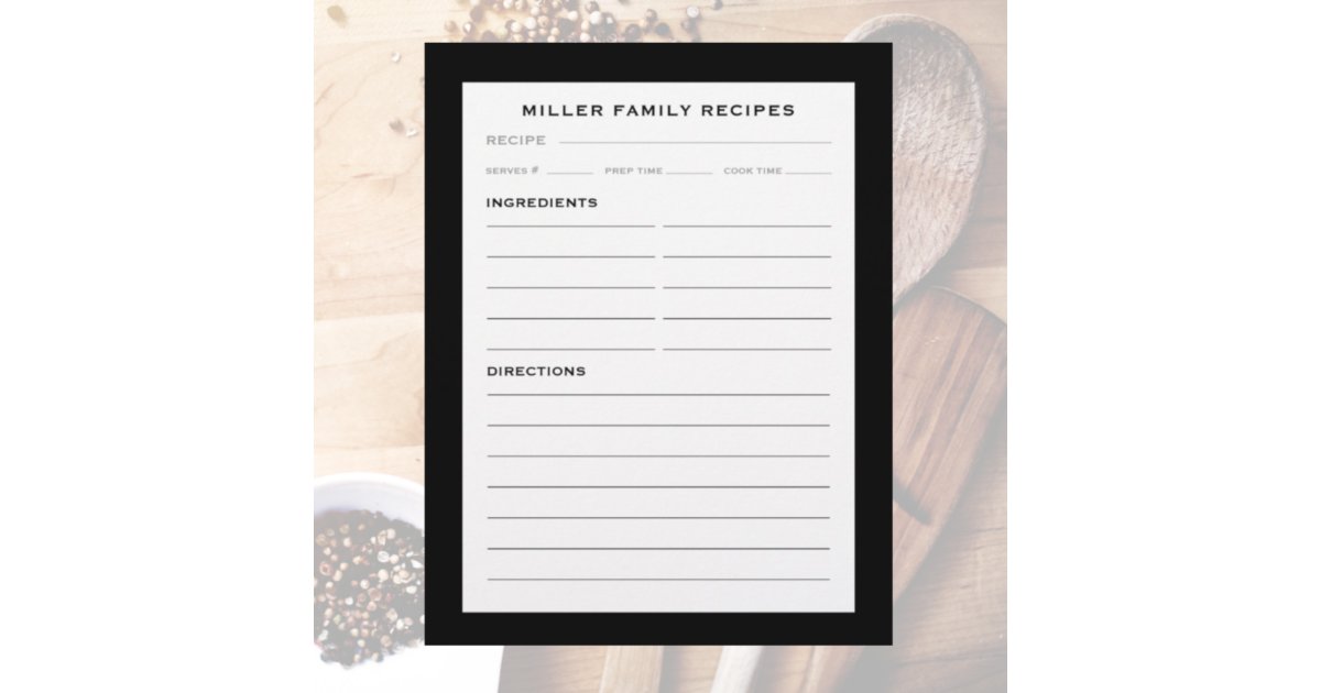 Family Name Recipe Insert | Simple Black & White | Zazzle