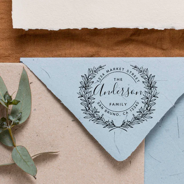 Family Name Round Hand-drawn Wreath Address Rubber Stamp | Zazzle