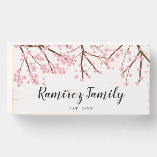 Family Name Script Cherry Blossoms Pink Custom Wooden Box Sign | Zazzle