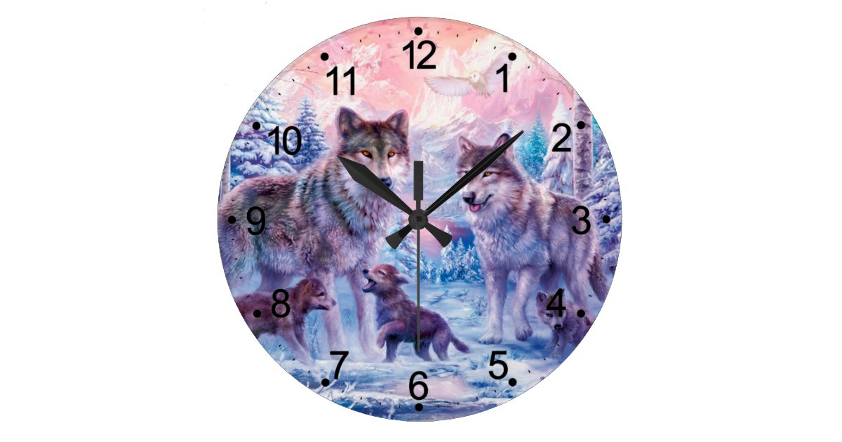Family Of Wolves Painting Large Clock | Zazzle