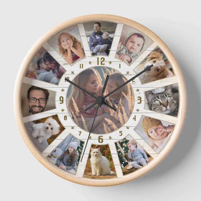 Family Photo Collage 13 Farmhouse Lt Wood Custom Clock | Zazzle