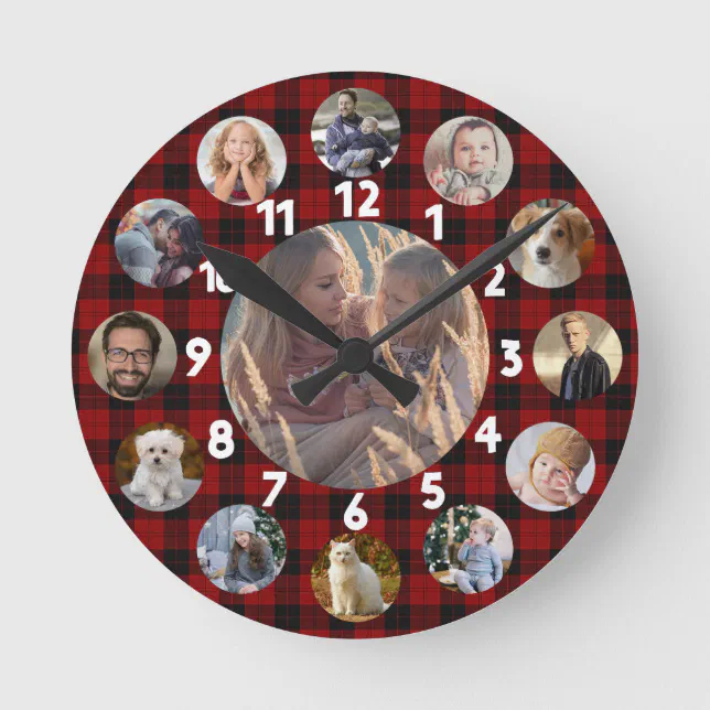 Family Photo Collage 13 Instagram Pictures | Plaid Round Clock | Zazzle