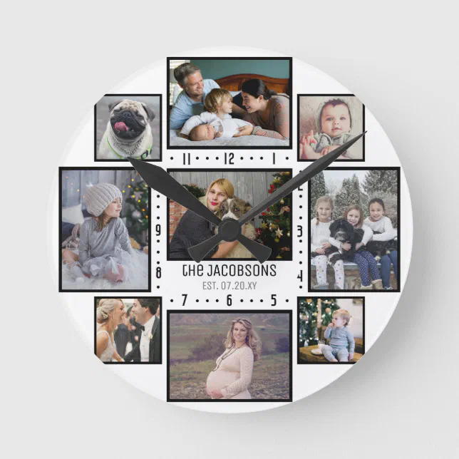 Family Photo Collage 9 Custom Pics Add Name White Round Clock | Zazzle