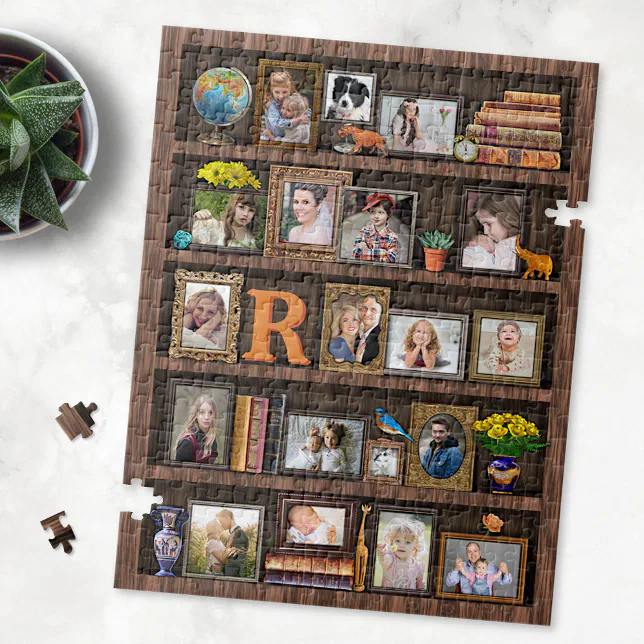 Family Photo Collage Antique Bookcase Personalized Jigsaw Puzzle | Zazzle