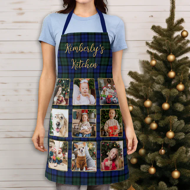 Family Photo Collage Custom Modern Holiday Plaid Apron | Zazzle