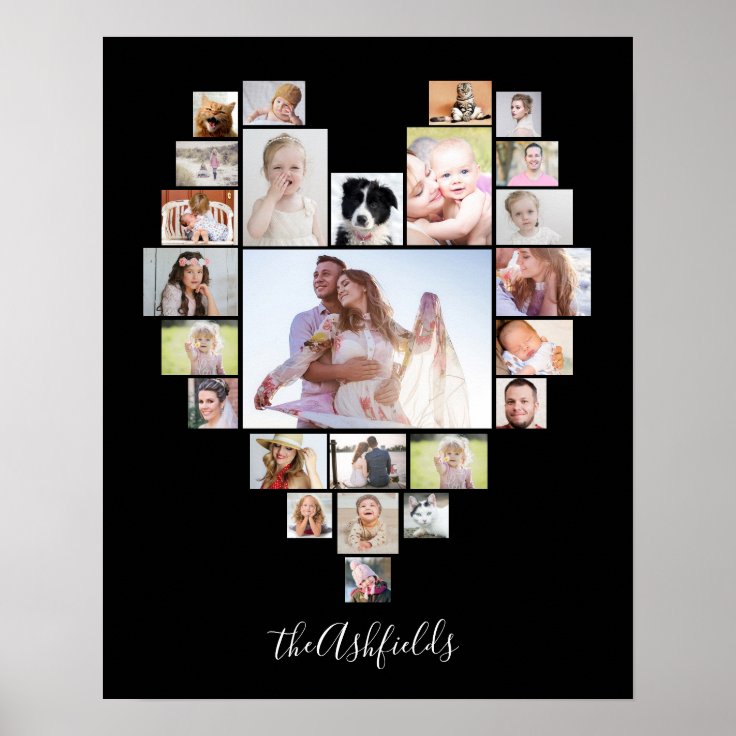 Family Photo Collage Heart 25 Pictures Name Black Poster | Zazzle