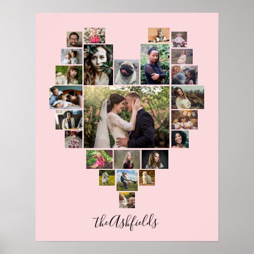 Family Photo Collage Heart 25 Pictures Name Pink Poster | Zazzle