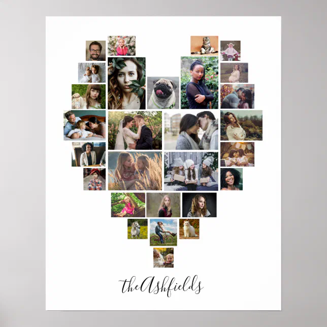 Family Photo Collage Heart 28 Pictures Name White Poster | Zazzle