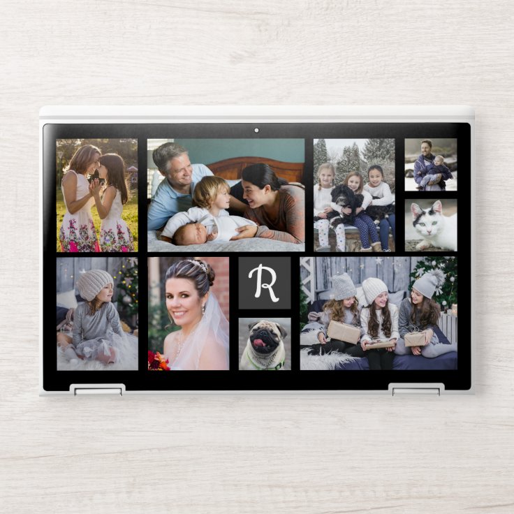 Family Photo Collage Monogrammed 9 Pictures Black HP Laptop Skin | Zazzle