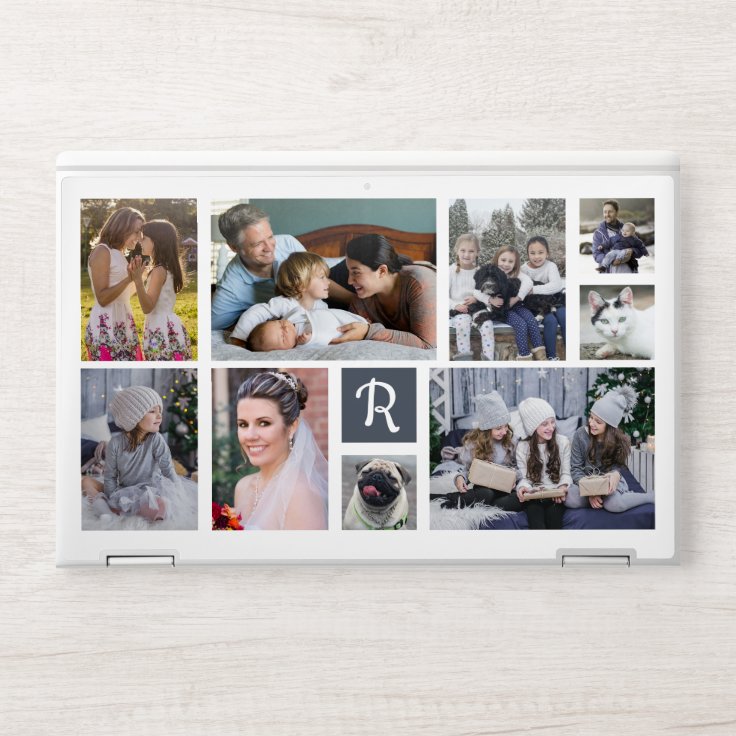 Family Photo Collage Monogrammed 9 Pictures White HP Laptop Skin | Zazzle