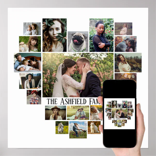 Family Photo Collage Name In Heart 20 Pics White Poster | Zazzle