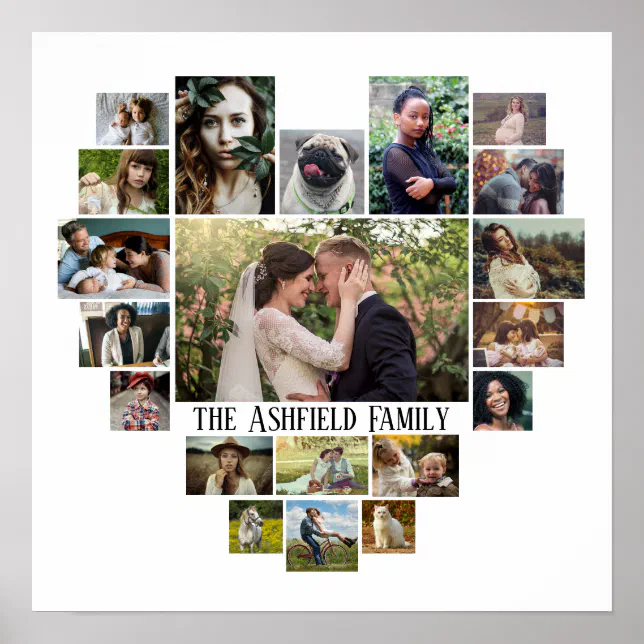 Family Photo Collage Name In Heart 20 Pics White Poster | Zazzle