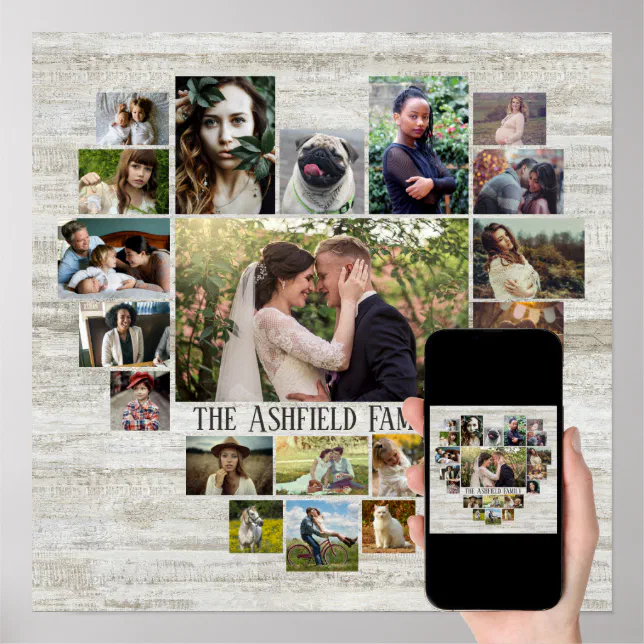 Family Photo Collage Name In Heart 20 Pics Wood Poster | Zazzle