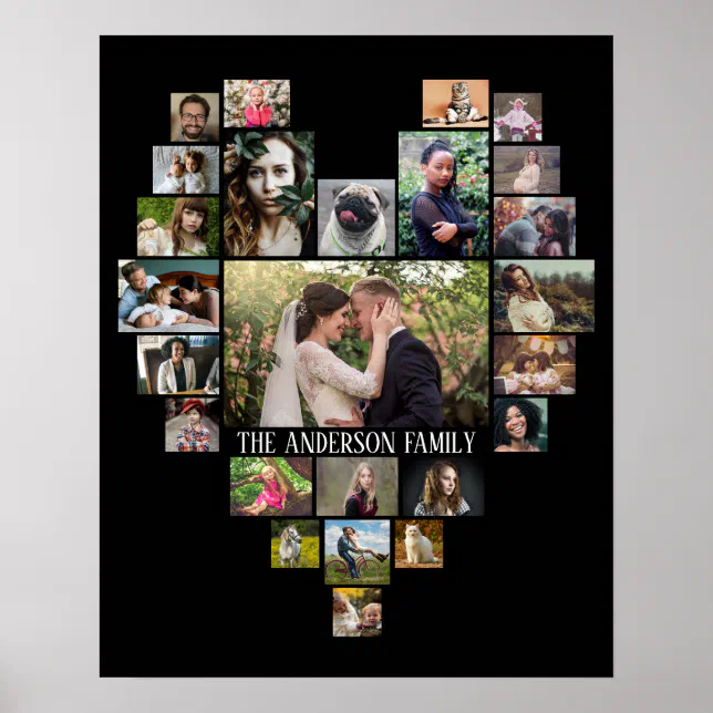 Family Photo Collage Name In Heart 25 Pics Black Poster | Zazzle