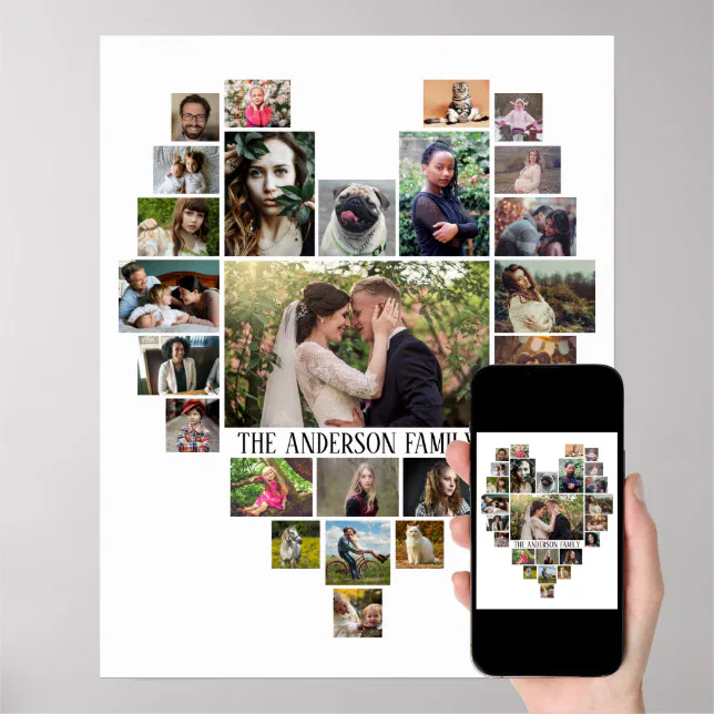 Family Photo Collage Name In Heart 25 Pics White Poster | Zazzle