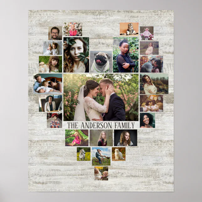 Family Photo Collage Name In Heart 25 Pics Wood Poster | Zazzle