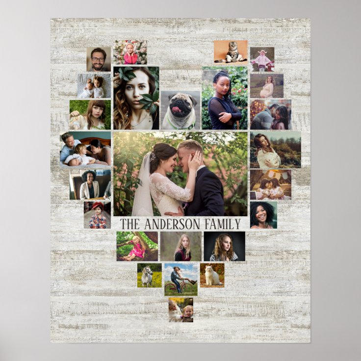 Family Photo Collage Name In Heart 25 Pics Wood Poster | Zazzle