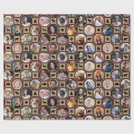 Family Photo Collage Red Black Buffalo Plaid Quilt Wrapping Paper | Zazzle