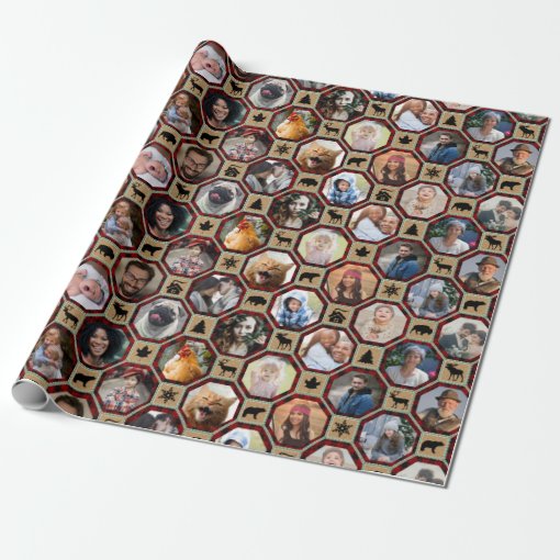 Family Photo Collage Red Black Buffalo Plaid Quilt Wrapping Paper | Zazzle