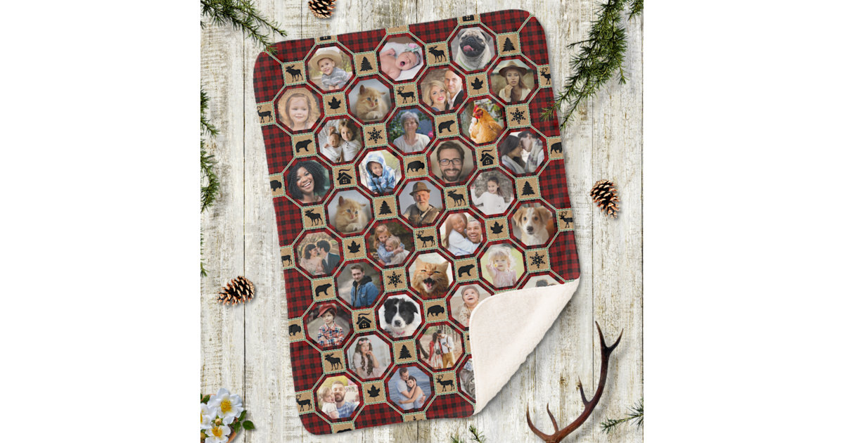 Family Photo Collage Red Buffalo Plaid Quilt Lg Sm Sherpa Blanket | Zazzle
