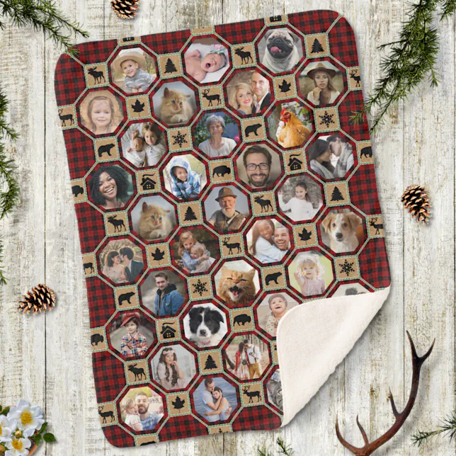 Family Photo Collage Red Buffalo Plaid Quilt Lg Sm Sherpa Blanket | Zazzle