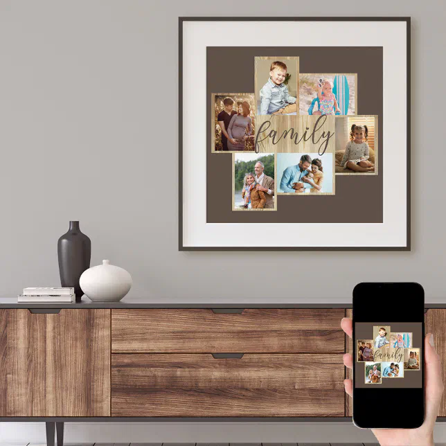 Family Photo Collage Wood Look Frame Brown Poster | Zazzle