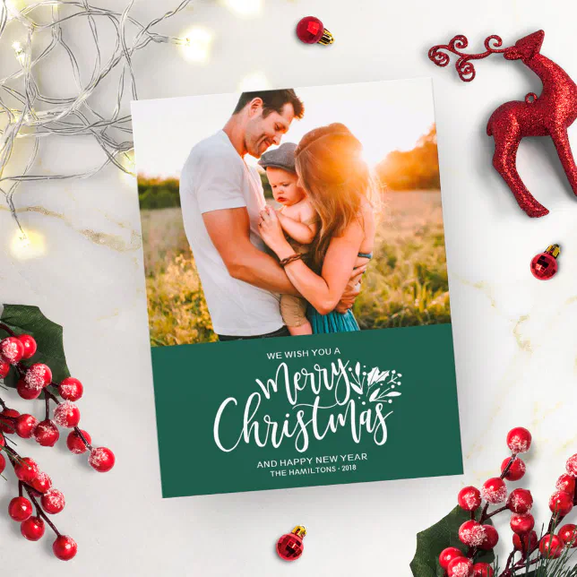 Family Photo Green Christmas Postcard | Zazzle