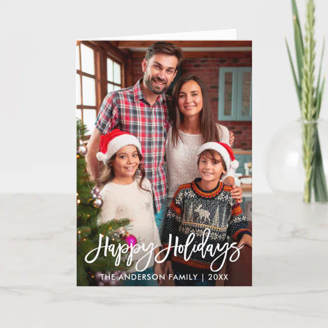 Family Photo Happy Holidays Brush Script Fold Holiday Card | Zazzle