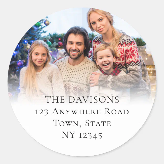 Family Photo Overlay Name Return Address Classic Round Sticker | Zazzle