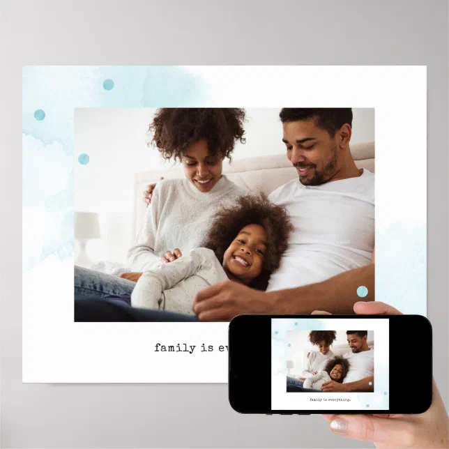 Family Photo with Blue Watercolor Accents Poster | Zazzle