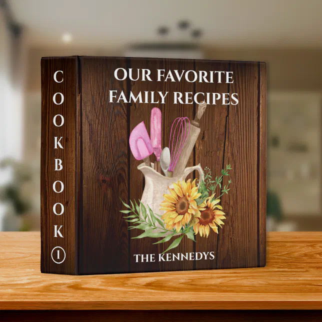 Family Recipe Cookbook Farmhouse Wood Sunflower 3 Ring Binder | Zazzle
